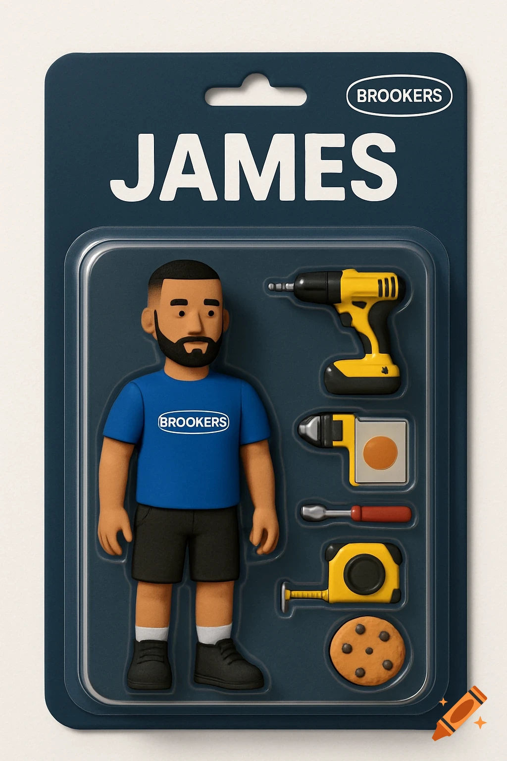 Stylized action figure named James in blister packaging with tools and ...