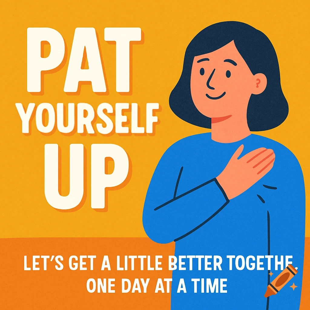 Illustration of a person patting their chest with text 'Pat Yourself Up ...