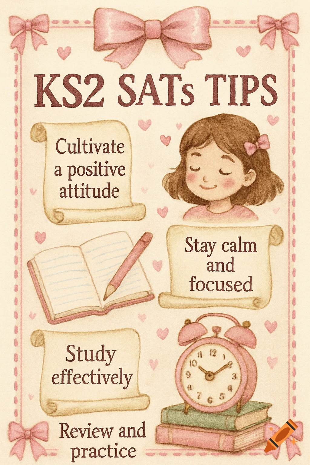 Cartoon poster with KS2 SATs tips, girl, books, clock, bows, and hearts ...