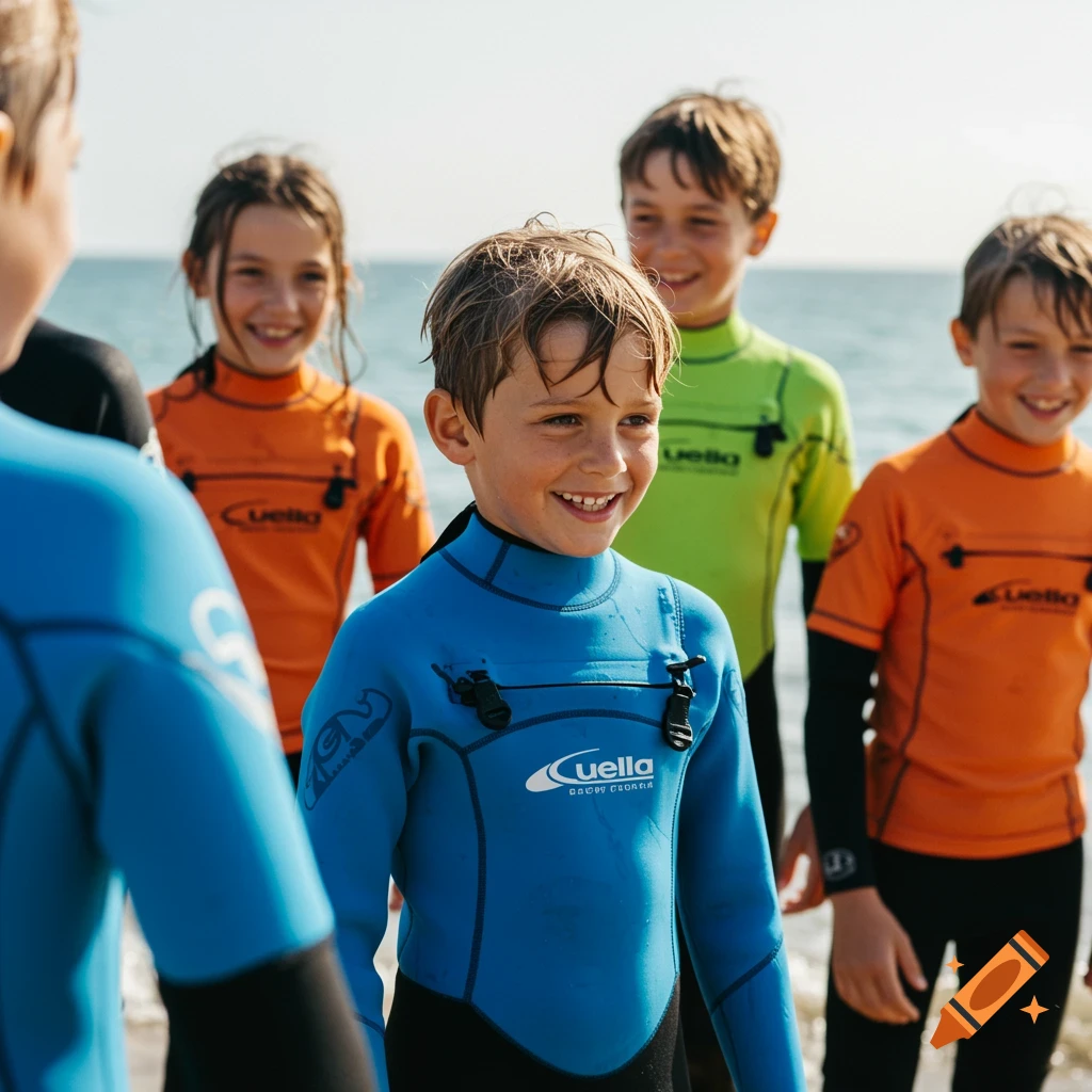 Smiling children wearing wetsuits on a beach, looking towards someone ...