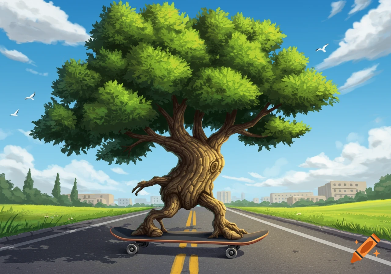 Illustration of a tree with root-legs riding a skateboard down a road ...
