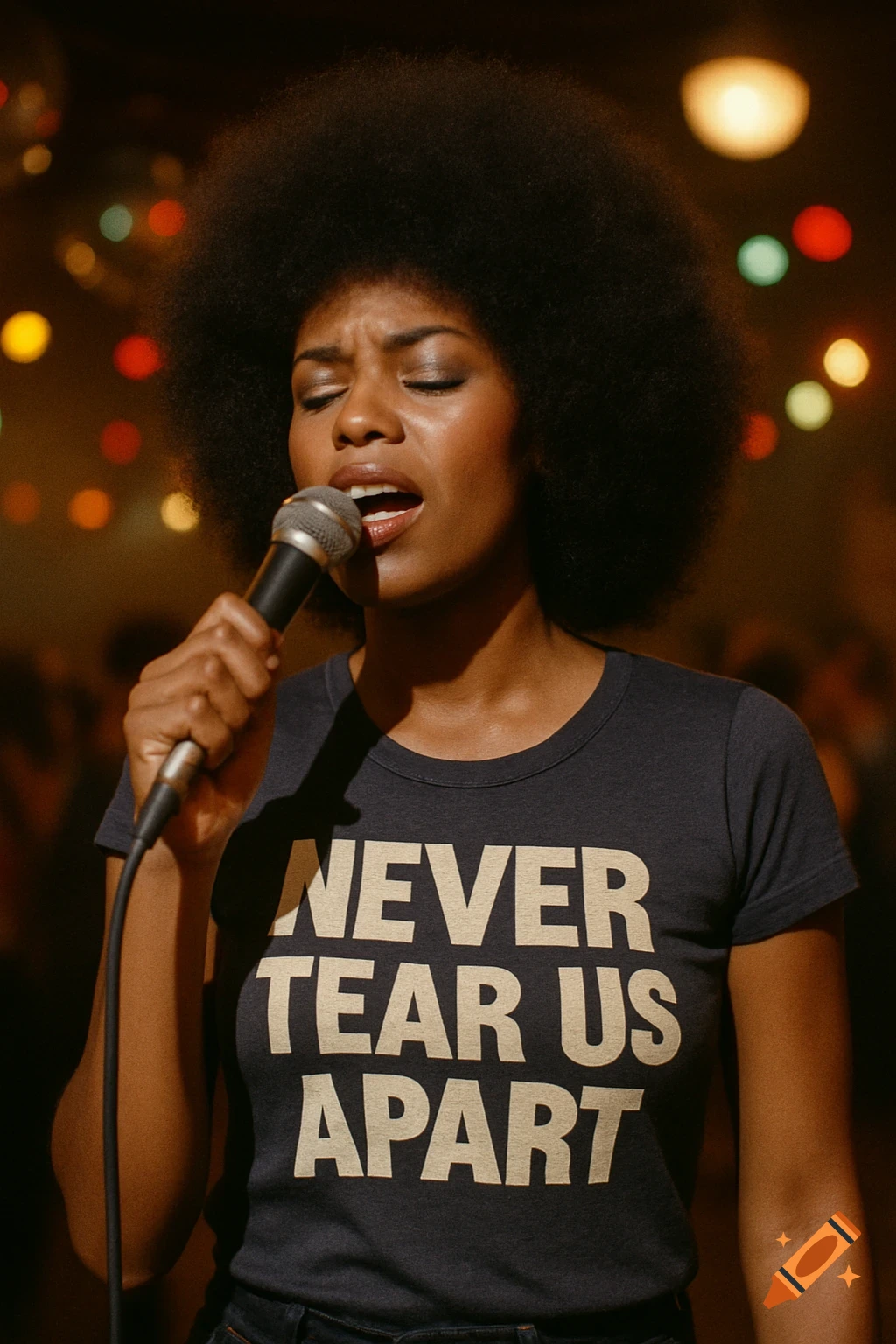 Black woman with afro sings into mic on stage, wearing t-shirt 'Never ...