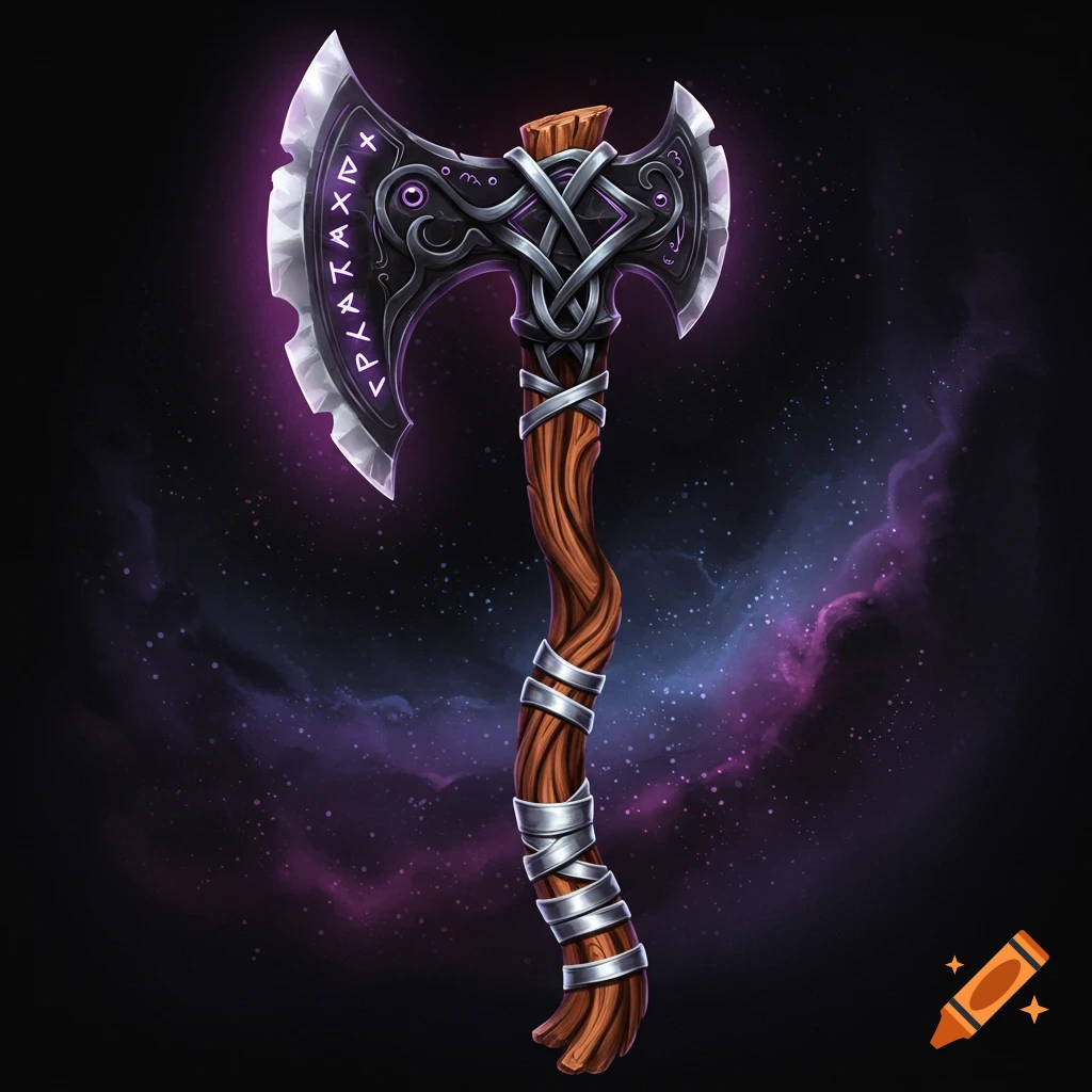 A fantasy axe with runes and a glowing purple blade, against a starry ...