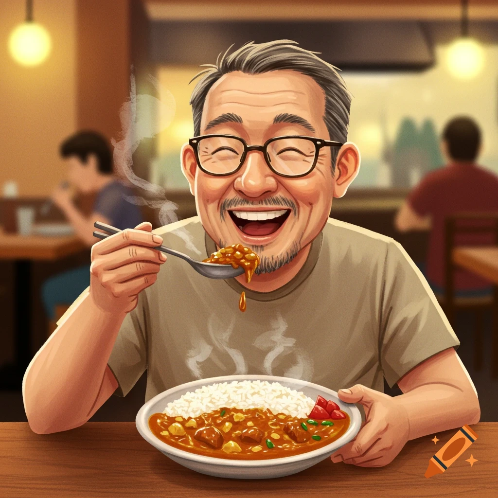 Illustration of a smiling man with glasses eating a bowl of curry and rice in a restaurant. on ...