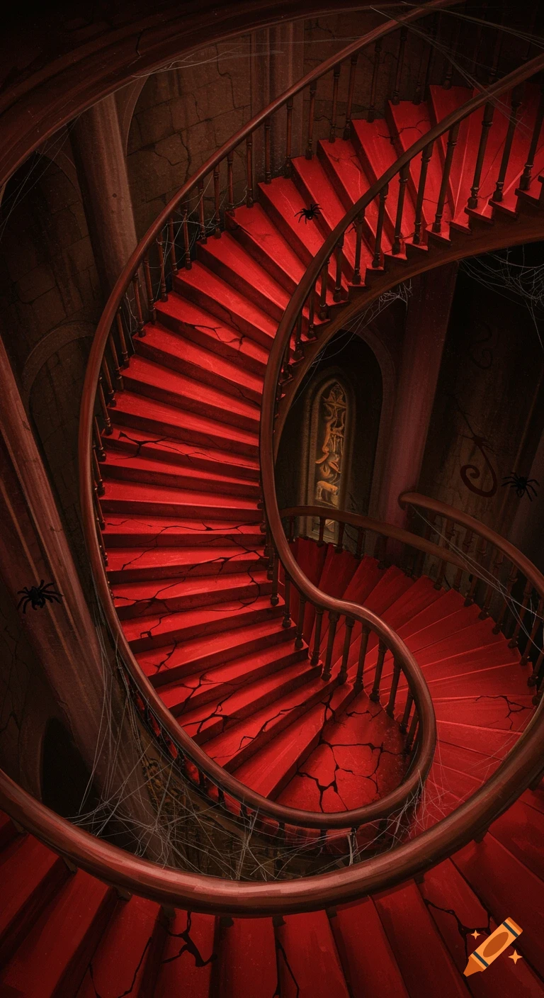 Winding red staircase in a dark, spooky mansion with spiders and ...
