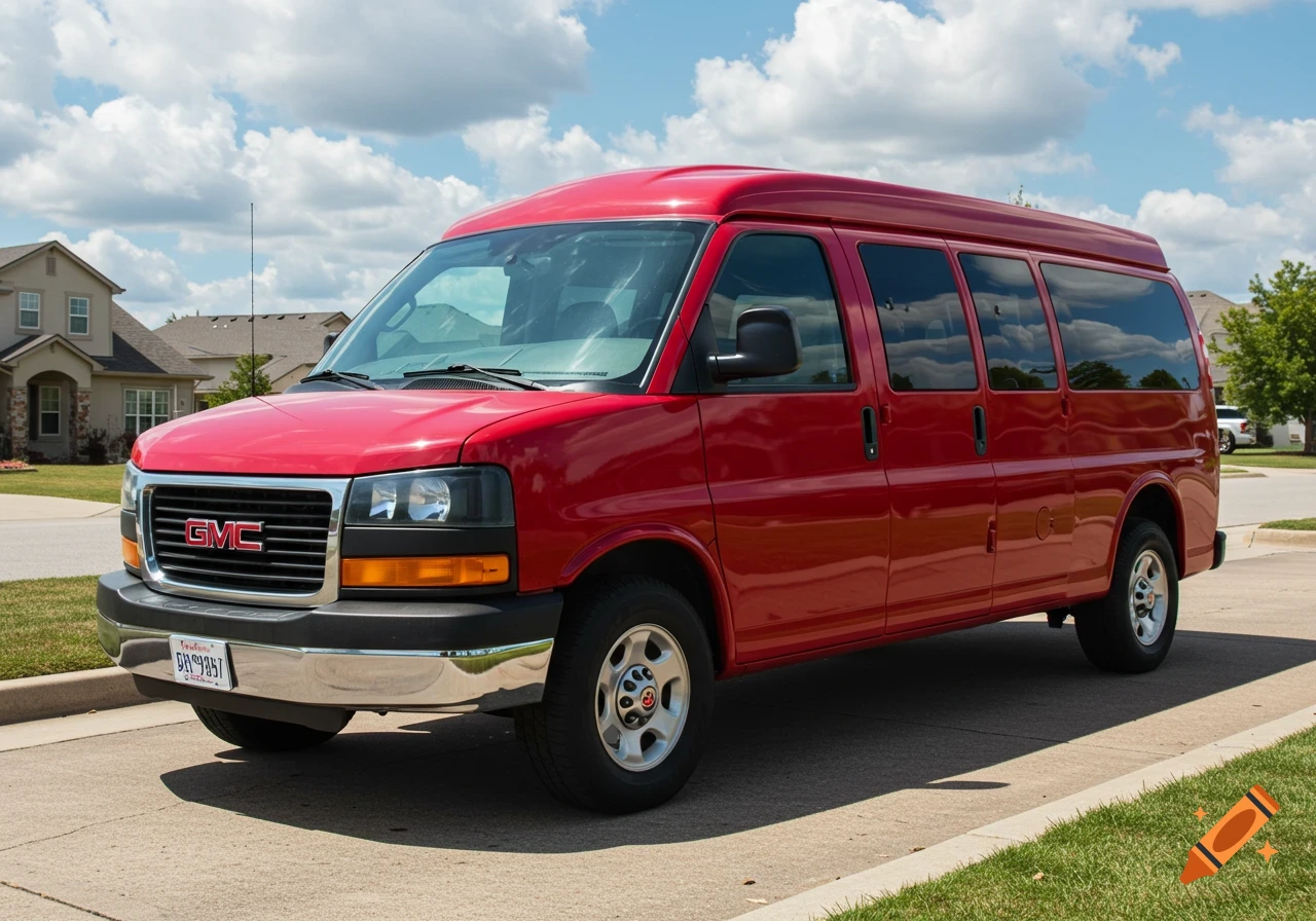 A red GMC Savana van is parked on a residential street. on Craiyon