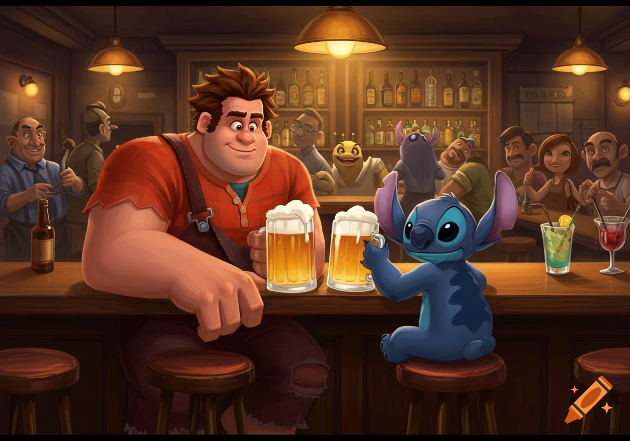 Cartoon characters Wreck-It Ralph and Stitch sit at a bar drinking beer ...
