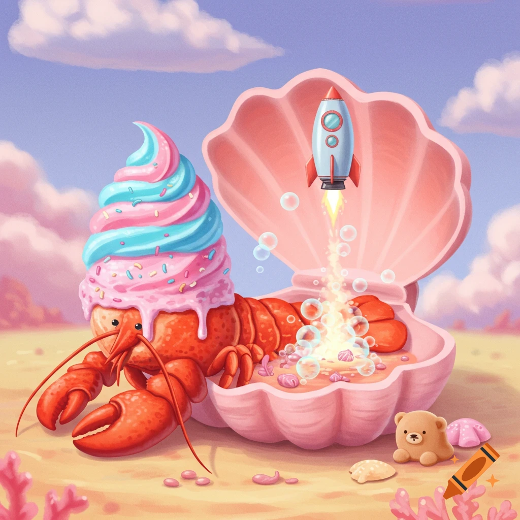 Whimsical illustration of a lobster with ice cream on its head, a ...
