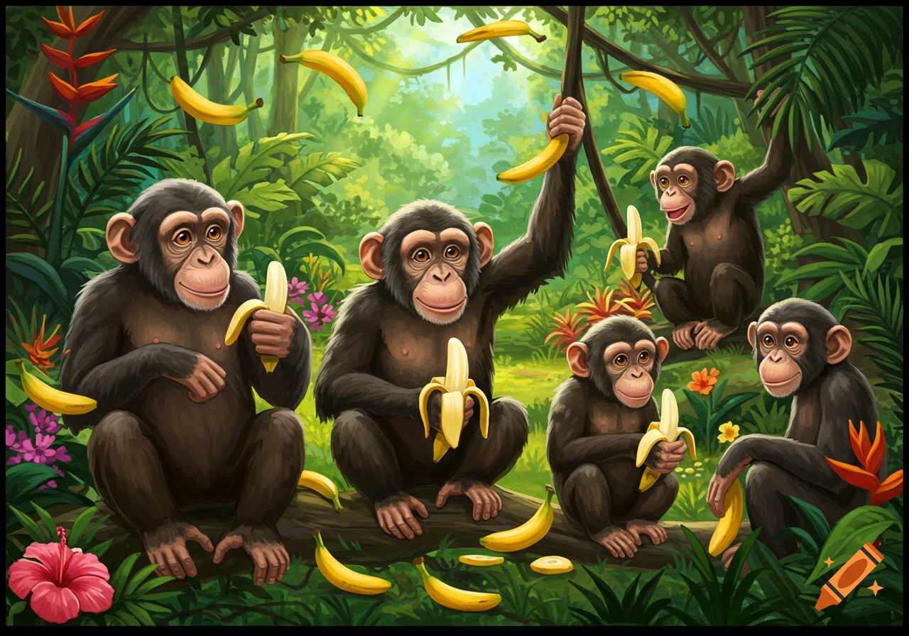 Illustrated scene of several chimpanzees holding and eating bananas in a lush jungle setting. on ...