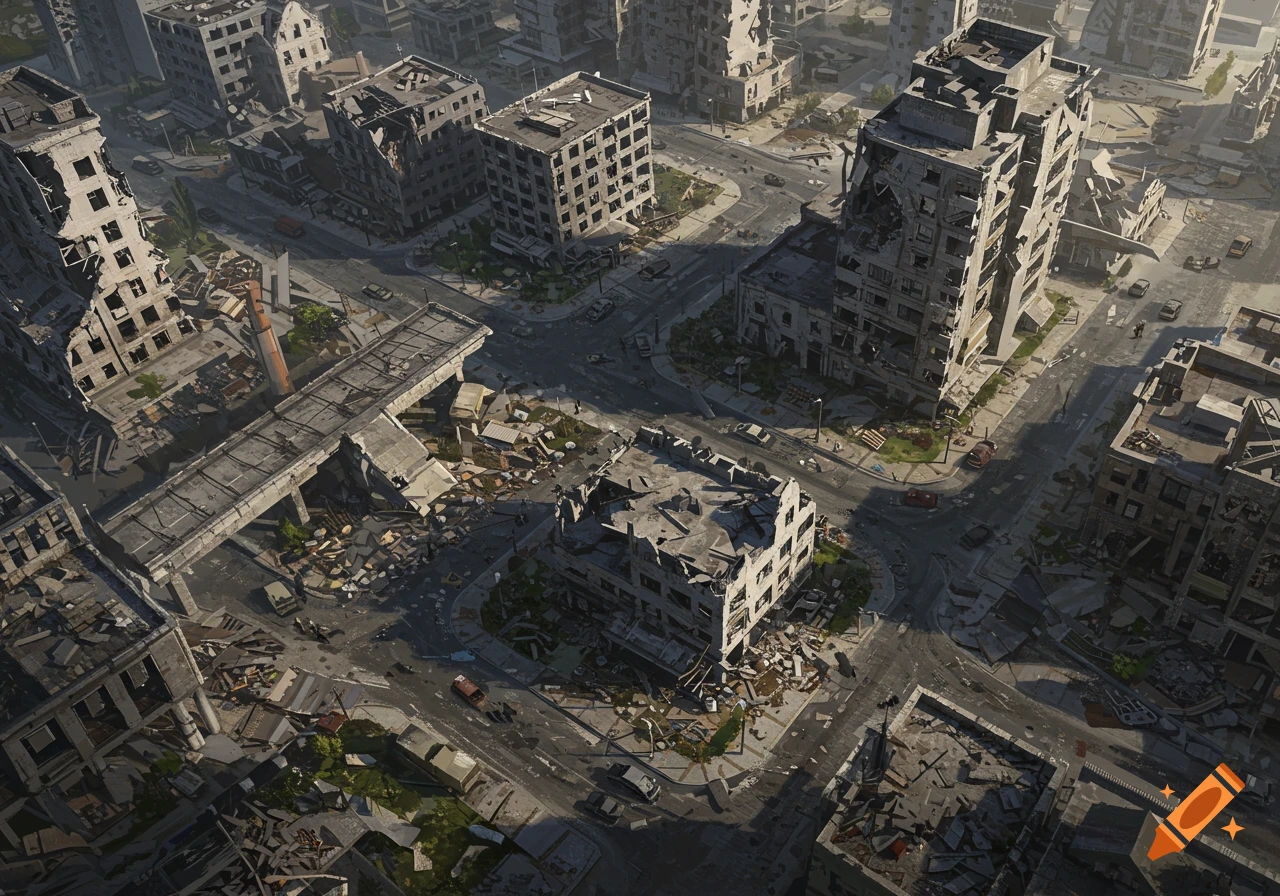 Overhead view of a ruined city with destroyed buildings and rubble. on ...