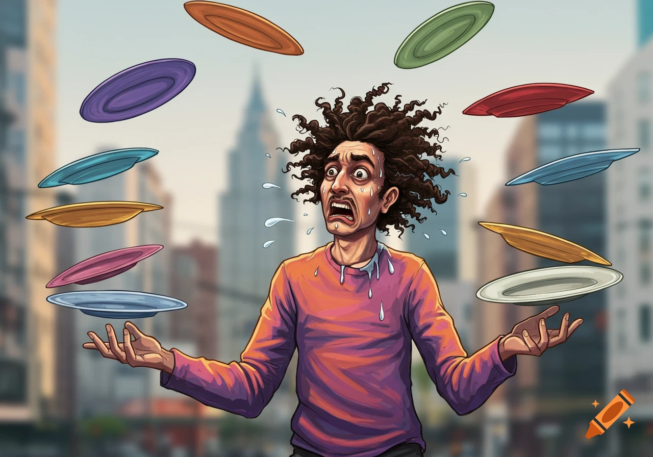 Stressed man juggling many colorful plates in a city illustration. on ...
