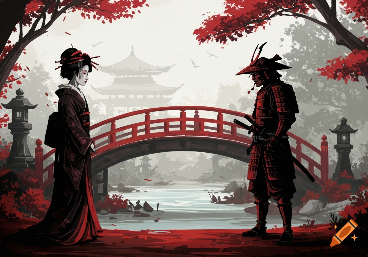 A stylized illustration of a geisha and samurai standing across a red ...