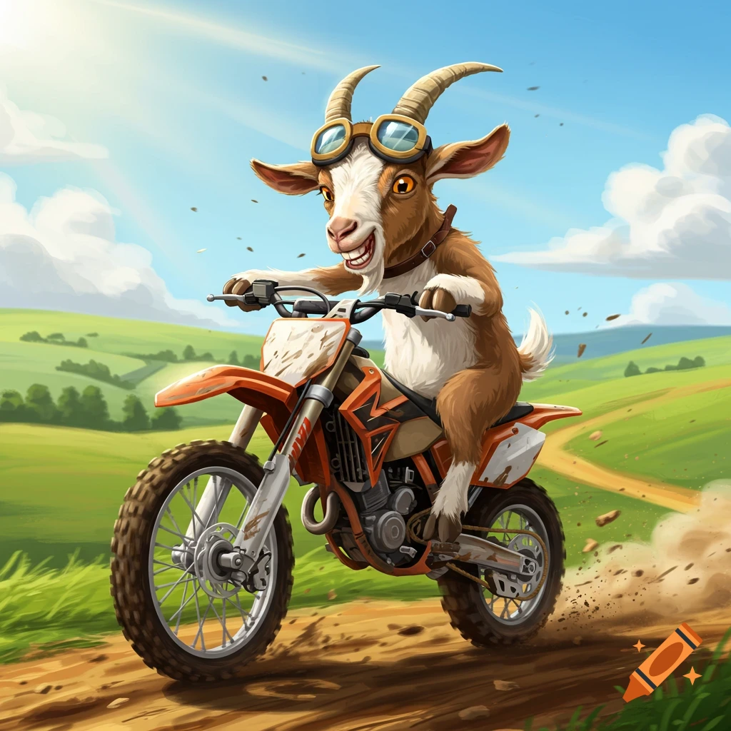Cartoon goat wearing goggles rides a dirt bike on a rural path. on Craiyon