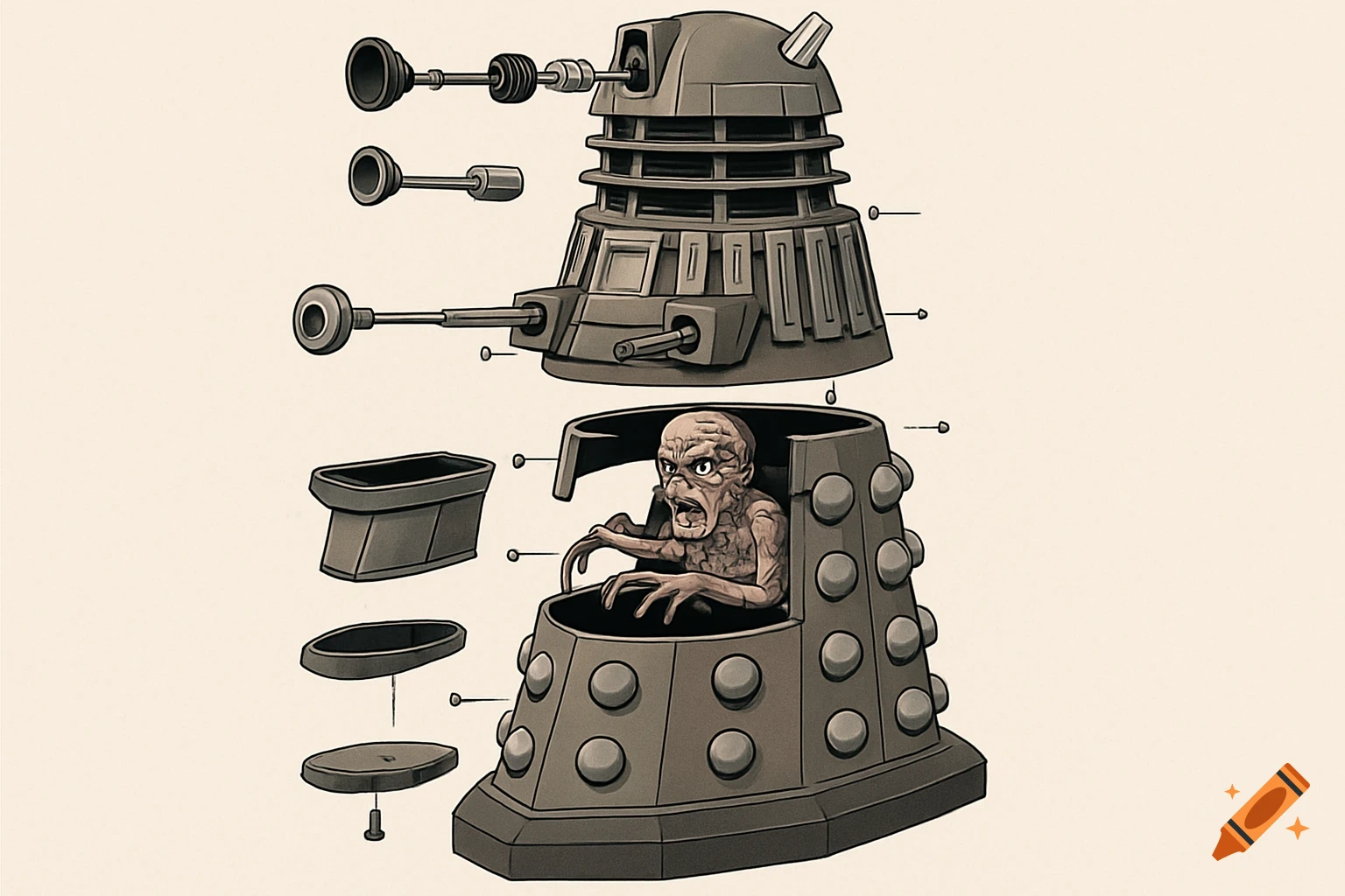 Exploded diagram illustration of a Dalek and its occupant on Craiyon