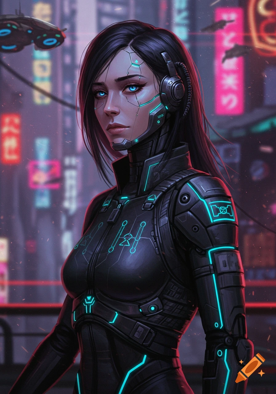A detailed portrait of a cybernetic woman in dark armor with blue ...