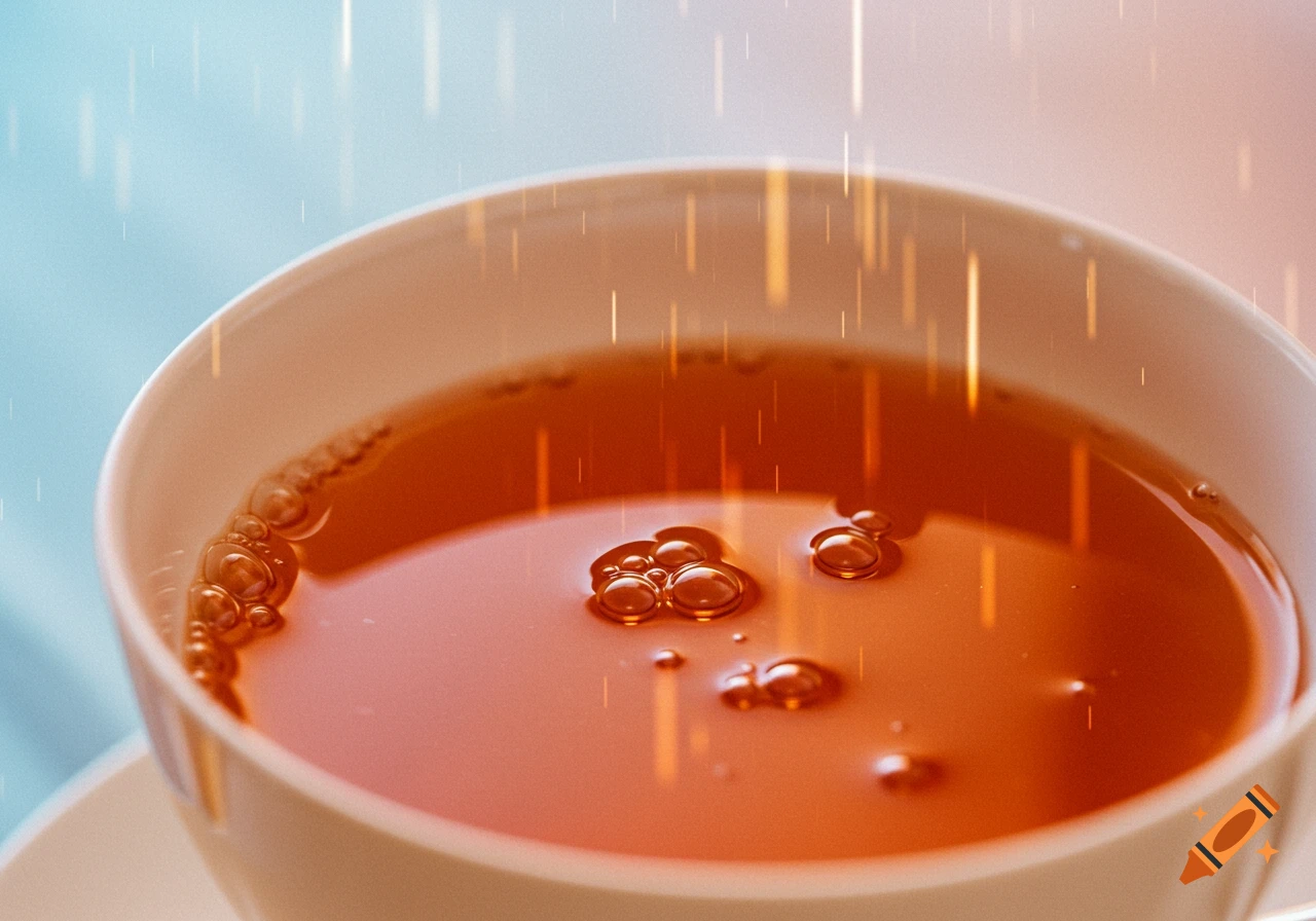 Close-up photo of a cup of tea with bubbles and golden light streaks ...