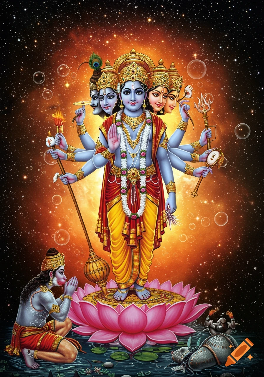 Multi-faced, multi-armed Hindu deity Vishnu stands on a lotus with ...