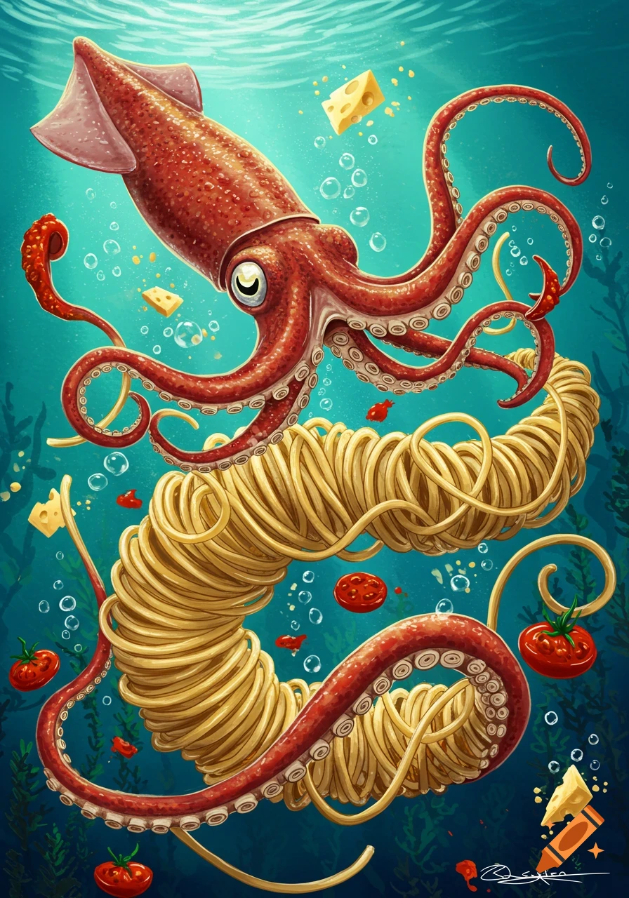 A bizarre red squid creature made of spaghetti swims underwater with ...