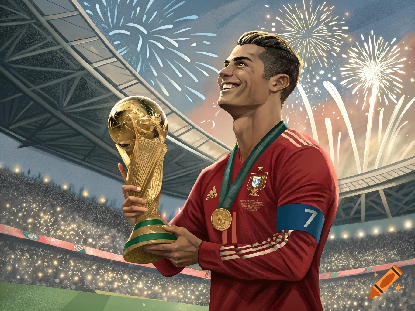 Illustrated portrait of Cristiano Ronaldo smiling and holding the World Cup trophy in a stadium ...