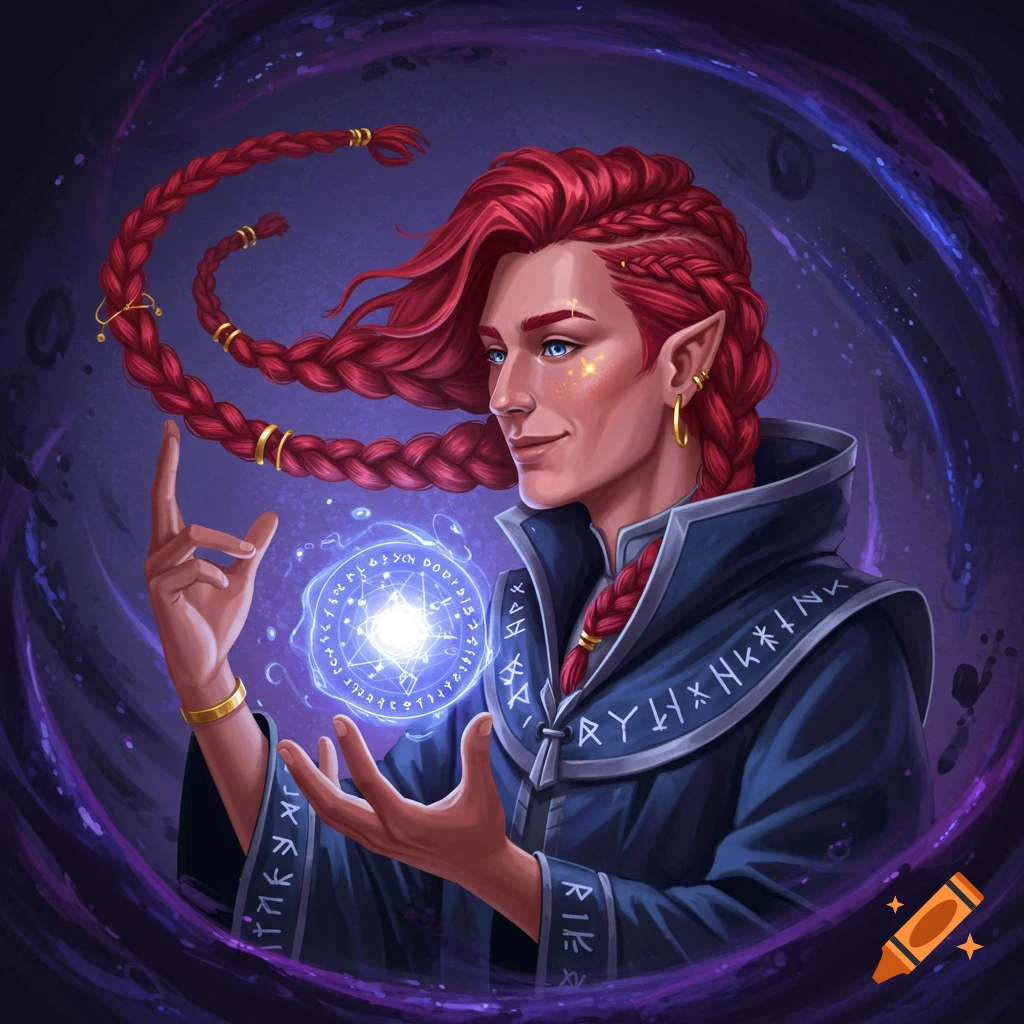 Red-haired fantasy wizard casting a glowing magic spell, portrait illustration. on Craiyon