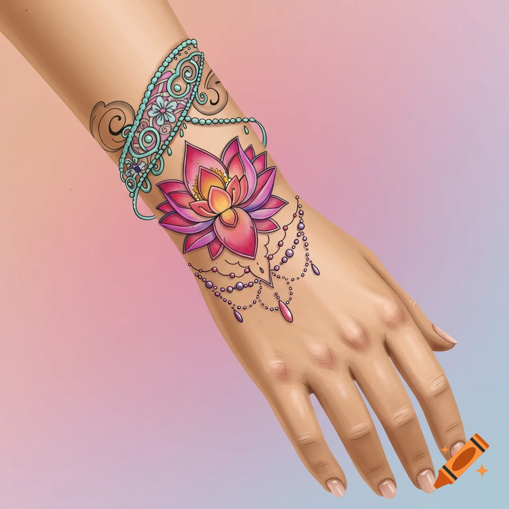 Illustration of a hand with a pink lotus tattoo and a flowy turquoise bracelet on the wrist. on ...