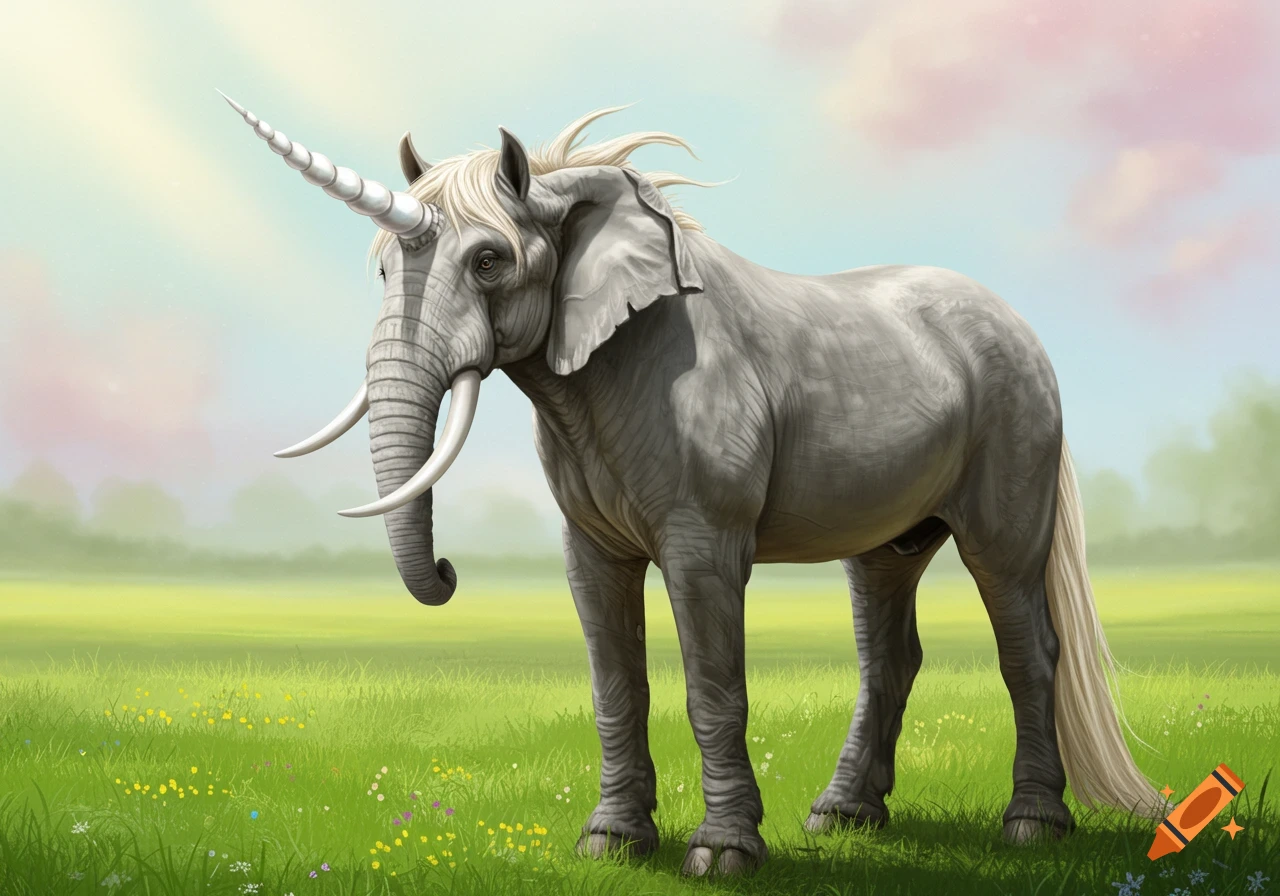 An elephant-horse hybrid with a unicorn horn stands in a grassy field ...