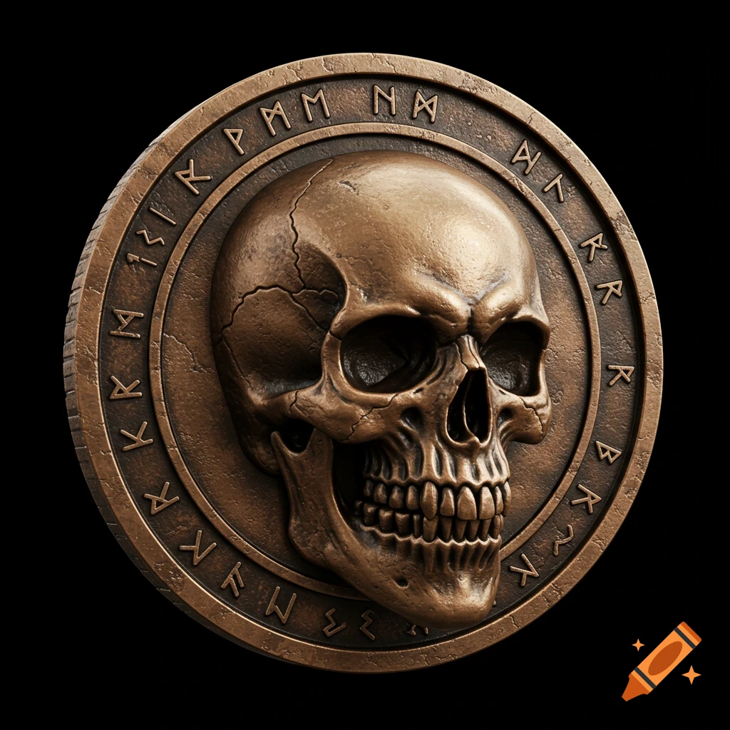 A bronze coin with a skull and runes around the edge. on Craiyon