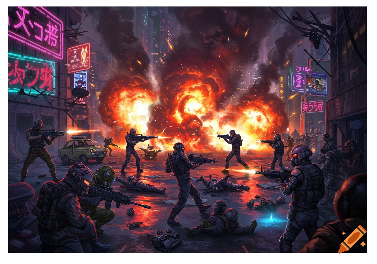 Soldiers battle in a chaotic city street with large explosions and neon ...