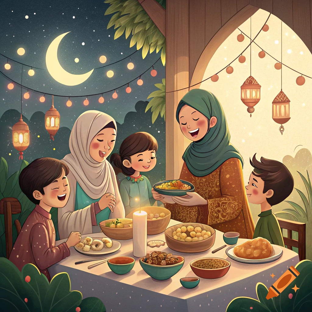 Illustration of a Muslim family eating Sahur under the crescent moon ...