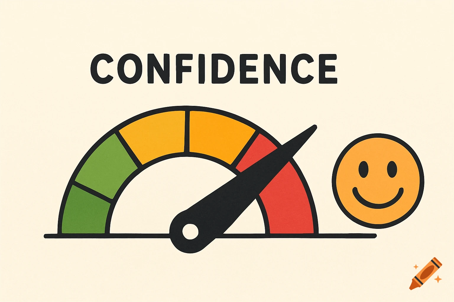 A graphic showing a confidence meter with needle pointing high and a ...