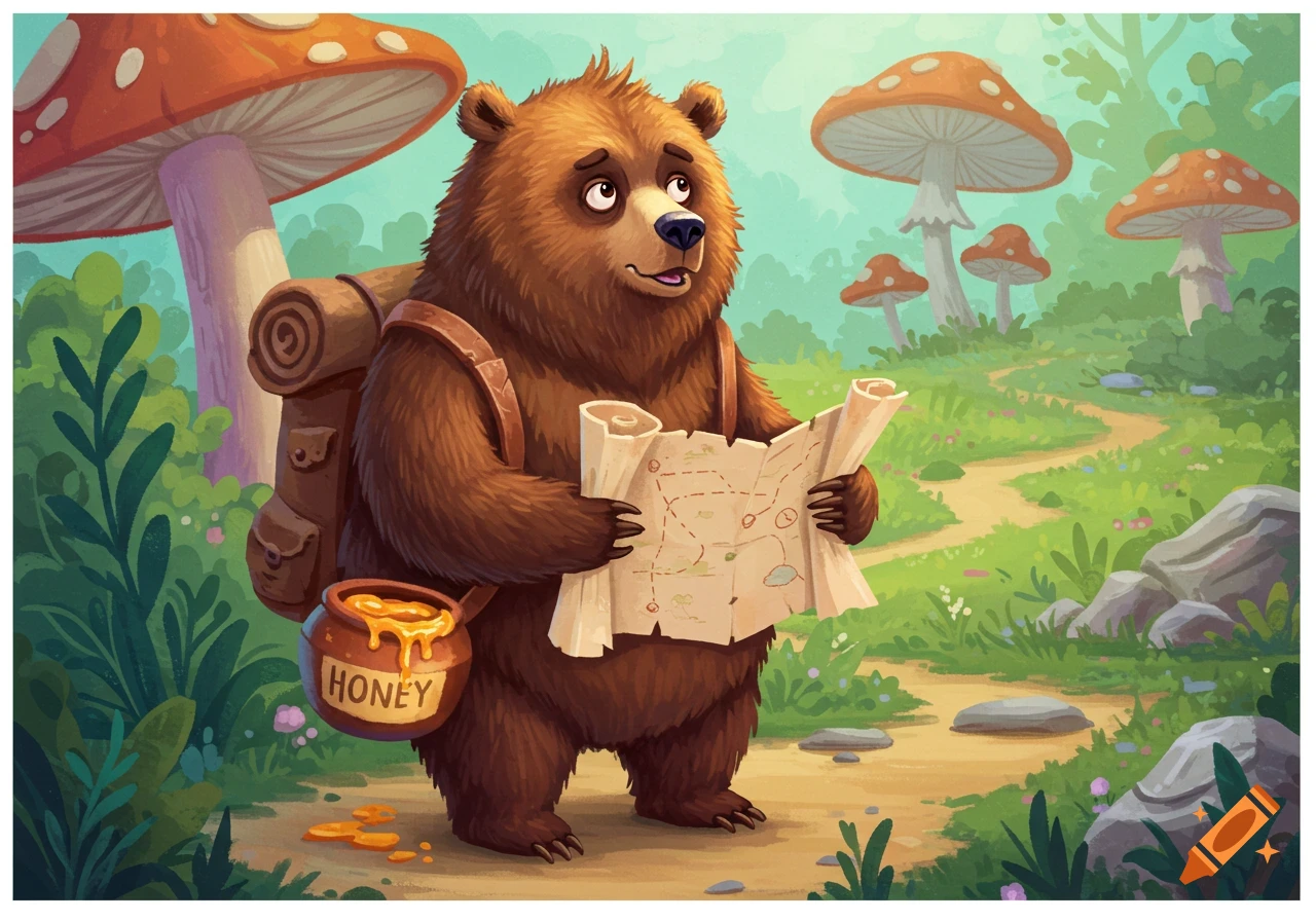 Illustrated cartoon bear with backpack and map in a mushroom forest ...