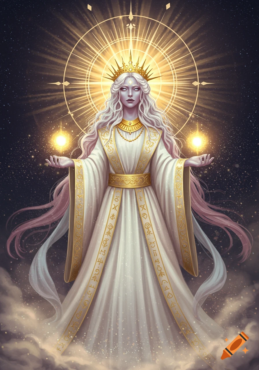Radiant goddess in white and gold robes with crown holds glowing orbs ...