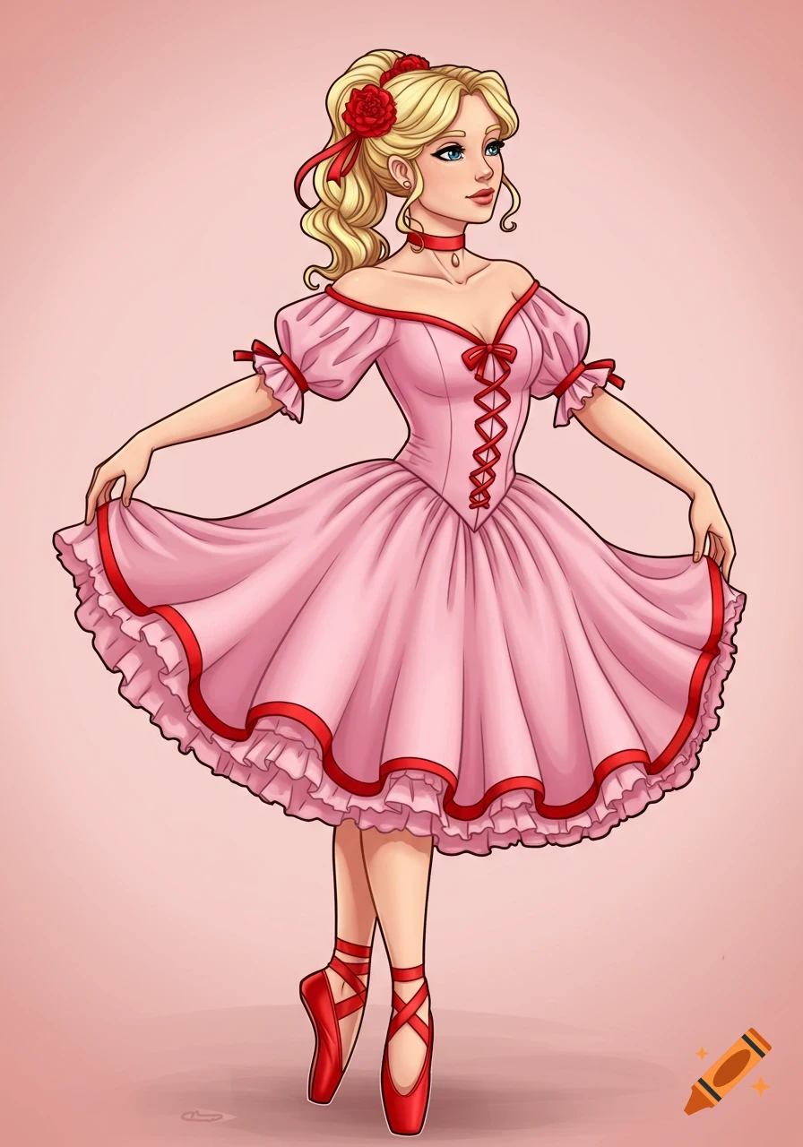 Cartoon image of a blonde ballerina in a pink dress and red pointe ...