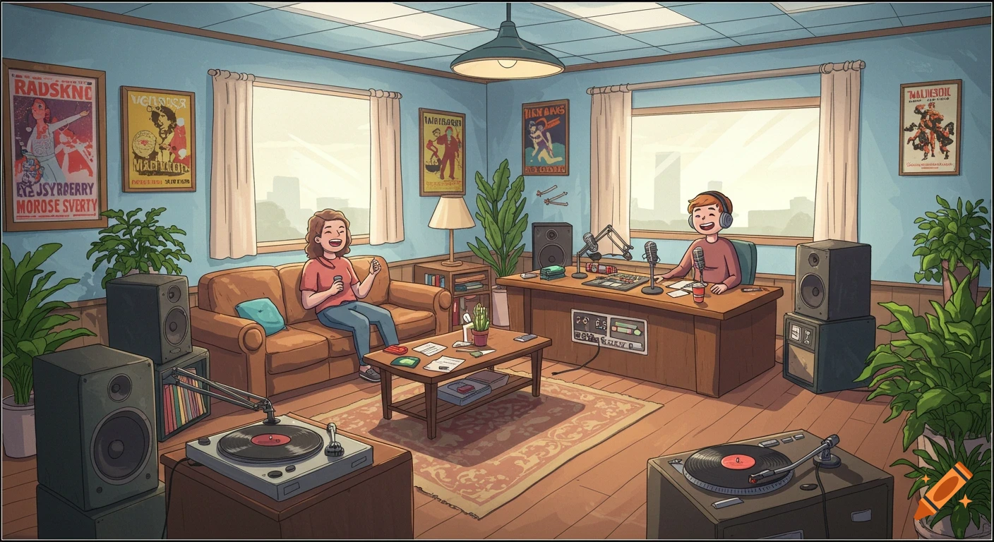 An animated illustration of two people in a chill radio studio. on Craiyon