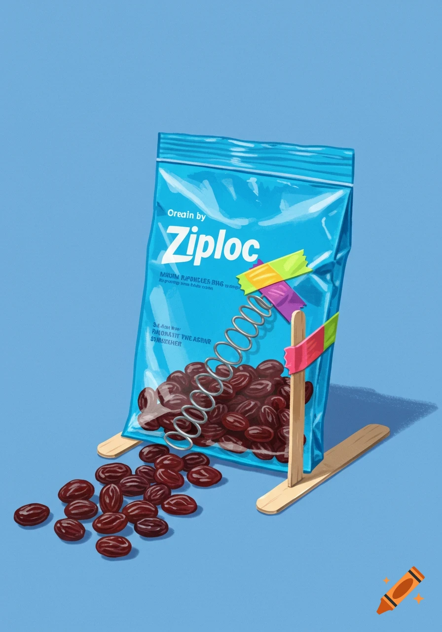 A cartoon illustration shows a Ziploc bag filled with raisins, propped ...