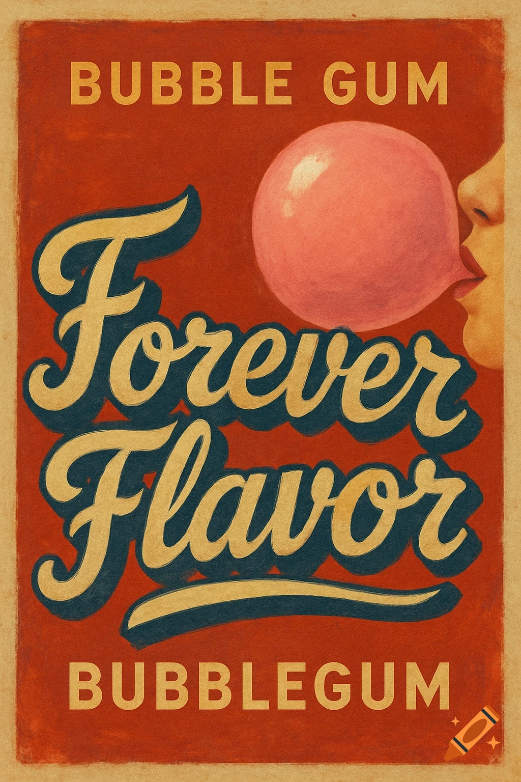 Vintage bubble gum poster with text Forever Flavor and person blowing a ...