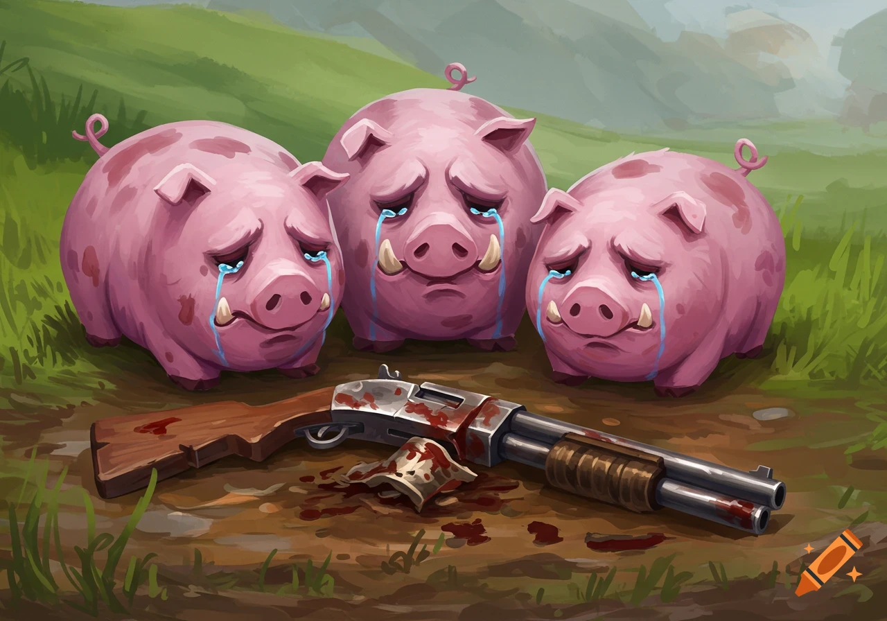 Three cartoon pigs cry over a bloody shotgun in a field on Craiyon