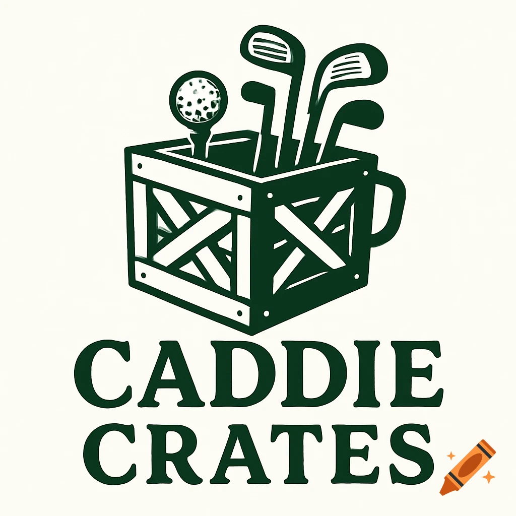 Dark green logo for Caddie Crates featuring golf clubs in a wooden ...