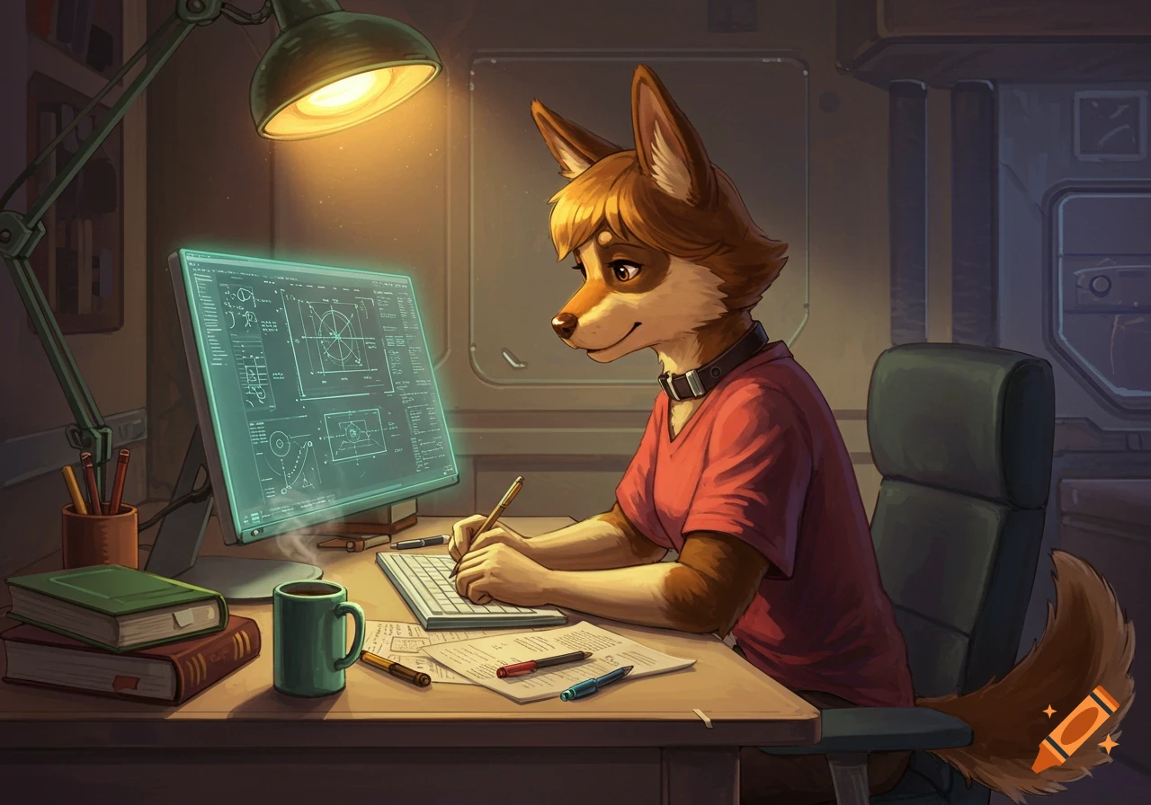 Furry dog character sits at a desk studying on a computer in a sci-fi ...