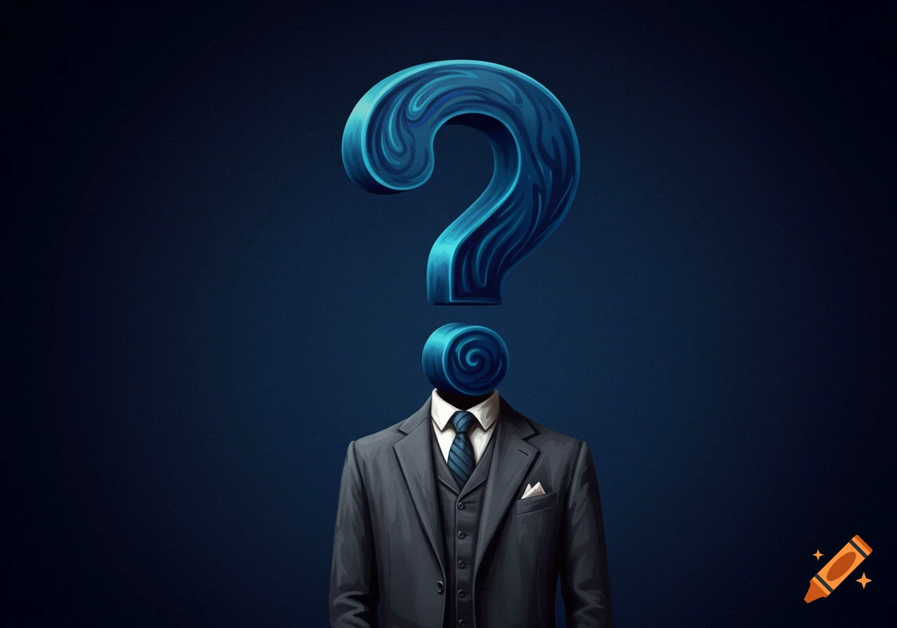 A person in a suit with a glowing blue question mark for a head. on Craiyon