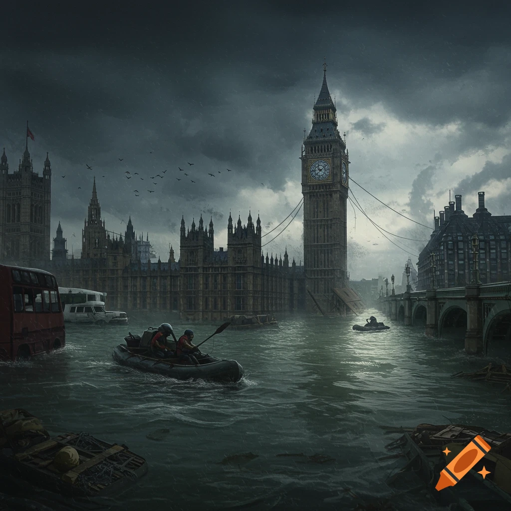 A detailed image of a flooded post-apocalyptic London with people in ...