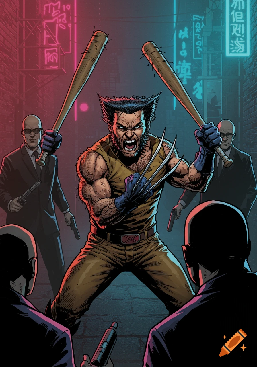 Wolverine fights multiple men in a neon-lit alley, comic art style. on ...