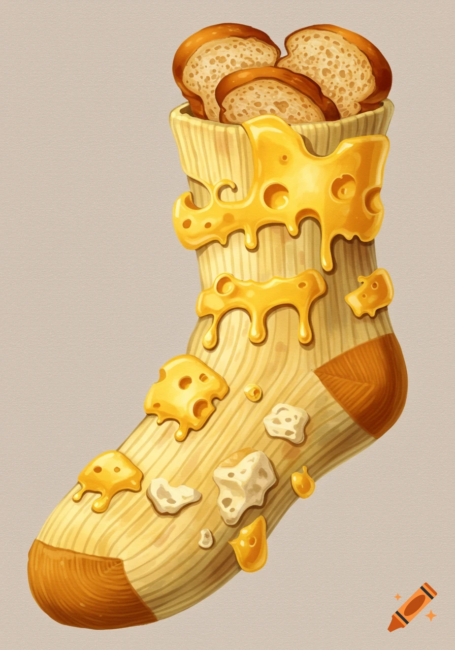 An illustration of a sock filled with bread and covered in melted ...