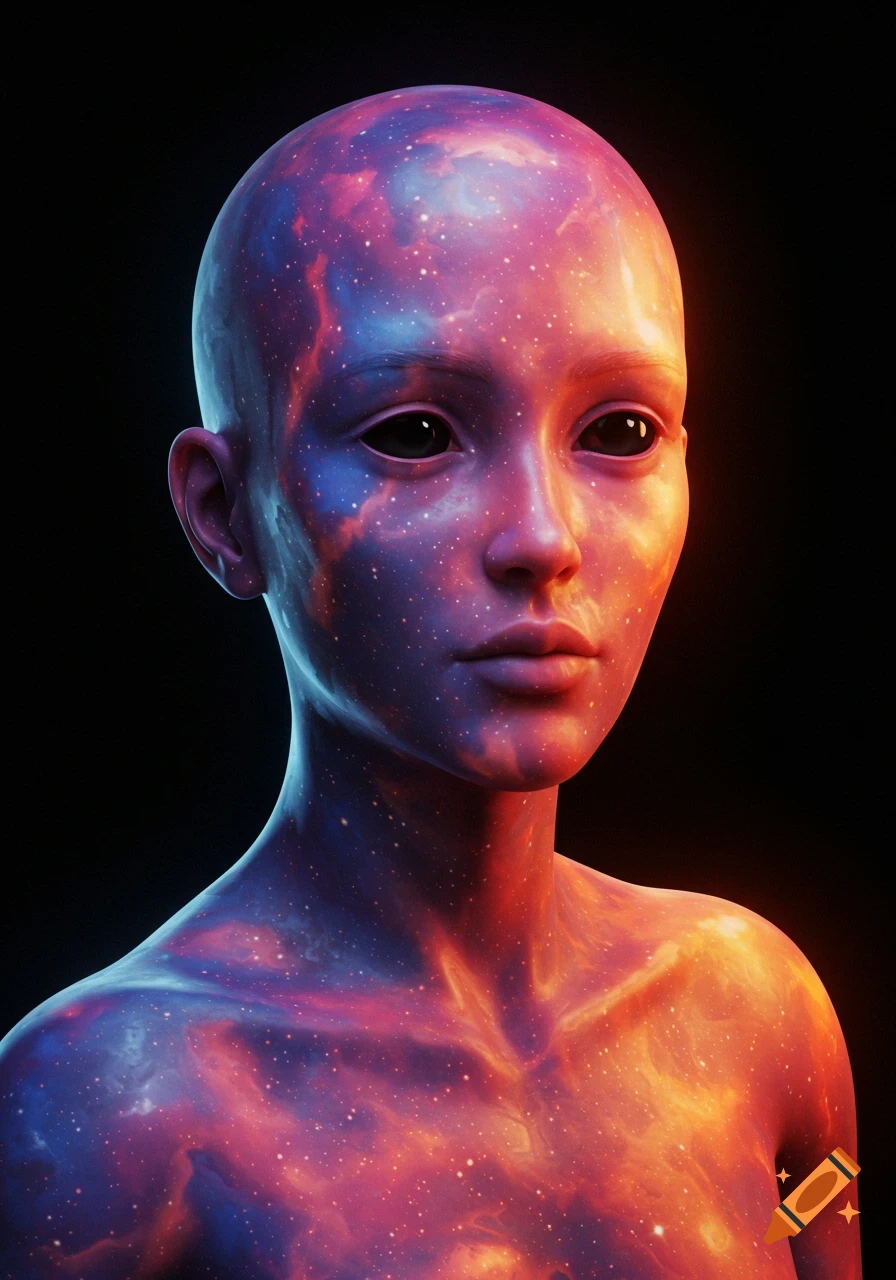 Portrait of a human-like figure with skin colored like a galaxy against ...