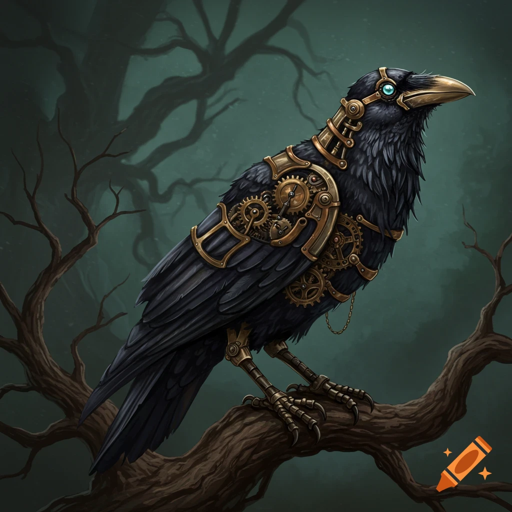 Steampunk clockwork raven perched on a bare branch in a dark forest on ...