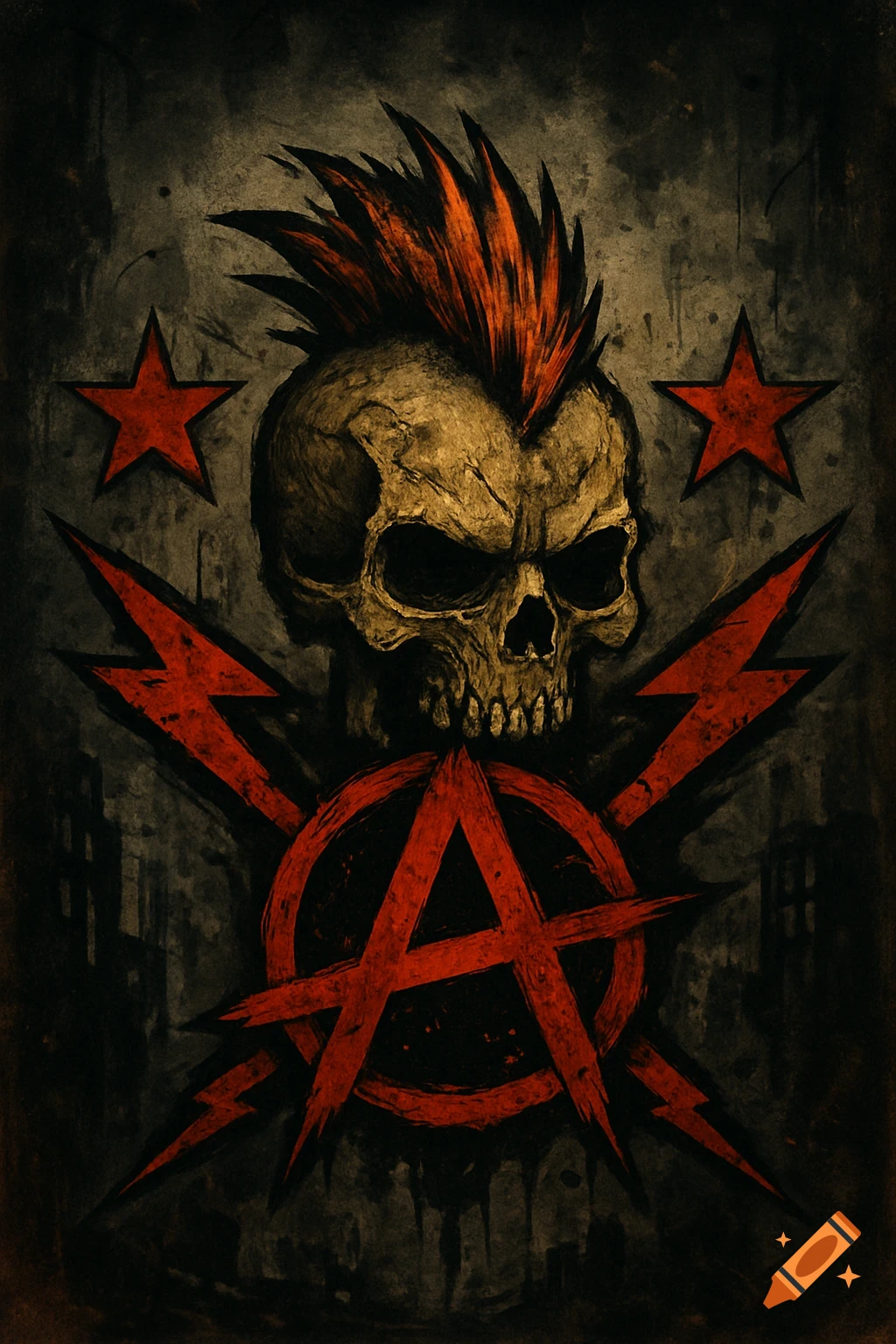 Grunge illustration of a punk skull with a mohawk, anarchy symbol ...
