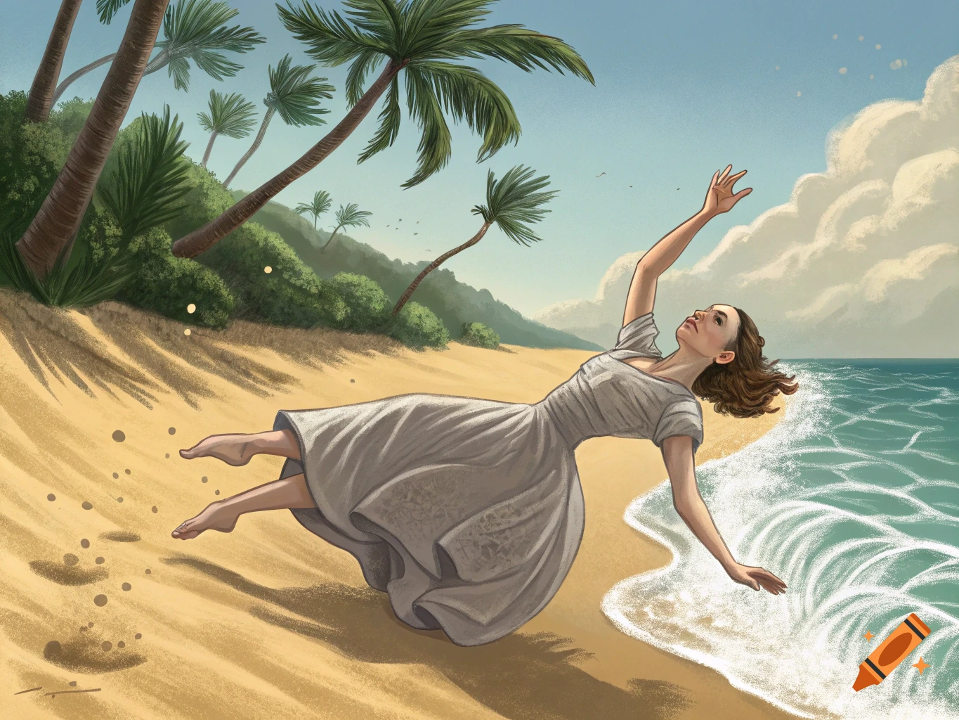 An illustration of a woman in a white dress falling backward onto a ...