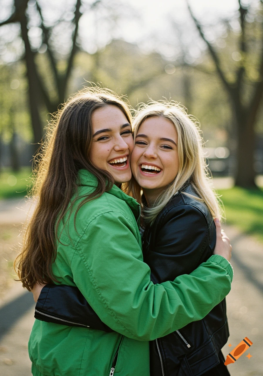 Two smiling young women hugging in a park, one in a green jacket, one ...