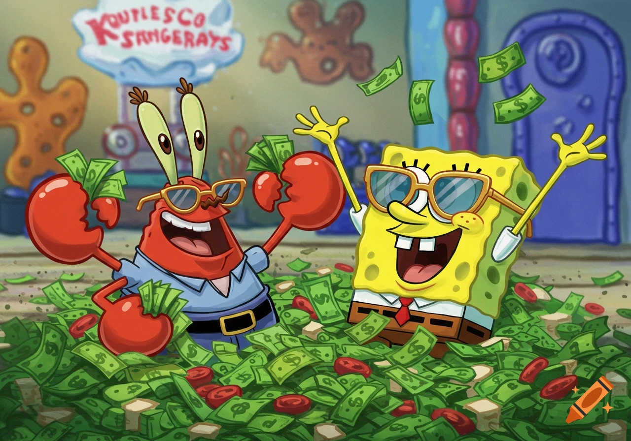 Mr. Krabs and Spongebob in a pile of cash, wearing sunglasses. on Craiyon