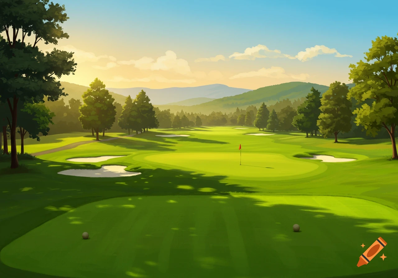 Sunny golf course landscape with trees, fairways, sand traps, and a red ...